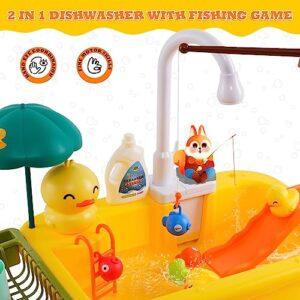 Play Sink with Running Water, Kitchen Sink Toys Play Kitchen Toy with Fake Food & Kitchenware, Pool Floating Fishing Toys for Water Play, Kids Role Play Dishwasher Toy (Duck Sink)