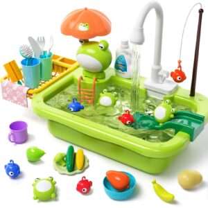 play sink with running water, kitchen play sink toy with electric faucet, play kitchen accessories, floating pool toys & fishing game, kids pretend play-dishwasher play set for boys girls toddlers