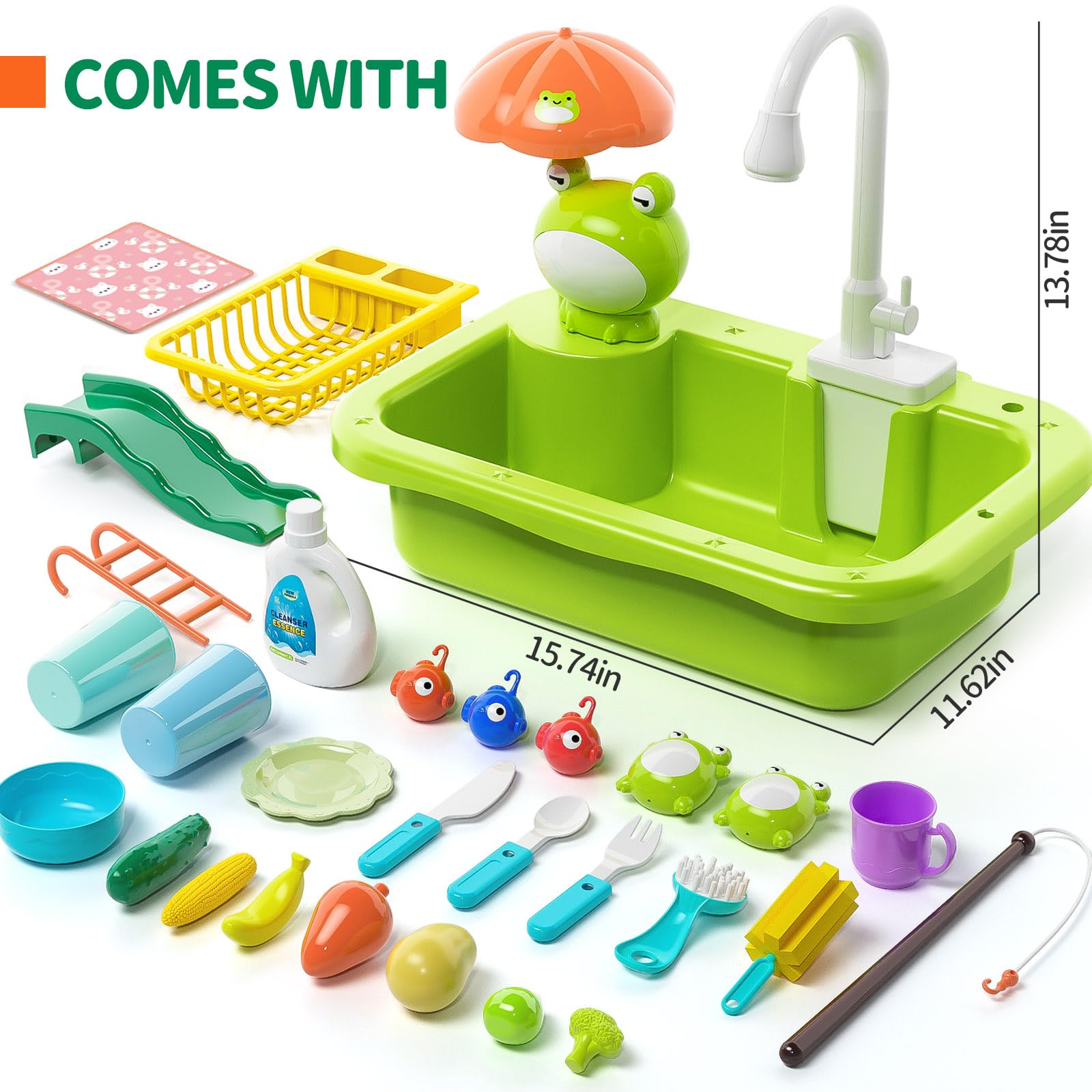 Play Sink with Running Water, Kitchen Play Sink Toy with Electric Faucet, Play Kitchen Accessories, Floating Pool Toys & Fishing Game, Kids Pretend Play-Dishwasher Play Set for Boys Girls Toddlers