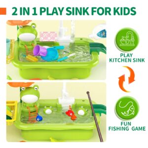 Play Sink with Running Water, Kitchen Play Sink Toy with Electric Faucet, Play Kitchen Accessories, Floating Pool Toys & Fishing Game, Kids Pretend Play-Dishwasher Play Set for Boys Girls Toddlers