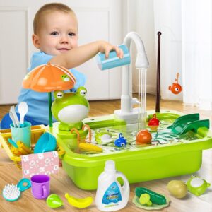 Play Sink with Running Water, Kitchen Play Sink Toy with Electric Faucet, Play Kitchen Accessories, Floating Pool Toys & Fishing Game, Kids Pretend Play-Dishwasher Play Set for Boys Girls Toddlers