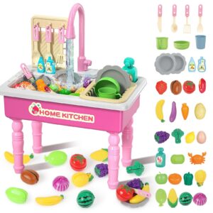 deao kitchen toy sink toys with cutting food,electric dishwasher playing toy with running water, role playing game pretend food,44 pcs kitchen accessories set for 3 4 5 years old girls boys