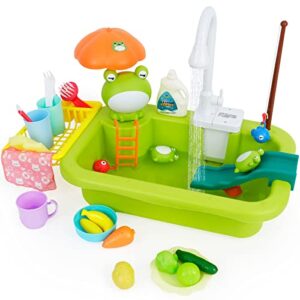 eapura kids kitchen sink toy set, 47pcs kitchen sink toy with upgraded electric faucet, frog swimming pool floating fishing toy, children's role-playing dishwasher toy.