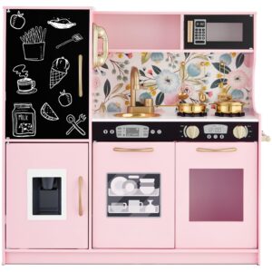 best choice products pretend play kitchen wooden toy set for kids w/realistic design, telephone, utensils, oven, microwave, sink - pink floral