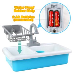 Kids Role Play Kitchen Sink with Running Water - 20 Piece Electric Dishwashing Toy with Working Faucet, Dish Rack, Plastic Dishes, Sponge, Brush and Pretend Dish Soap