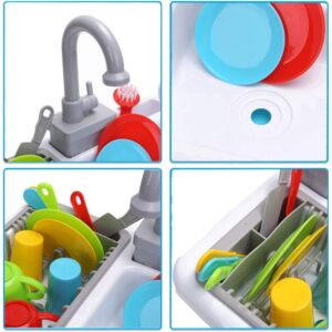 Kids Role Play Kitchen Sink with Running Water - 20 Piece Electric Dishwashing Toy with Working Faucet, Dish Rack, Plastic Dishes, Sponge, Brush and Pretend Dish Soap