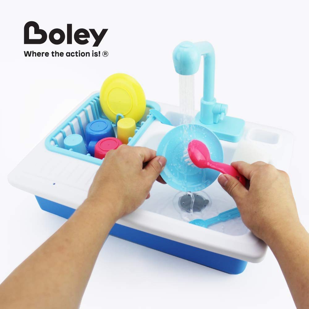 Boley Kids Play Kitchen Sink with Running Water - 20 Piece Dishwashing Toy with Sink, Real Faucet, Dish Rack, Plastic Dishes, Sponge and Brush, and Pretend Dish Soap