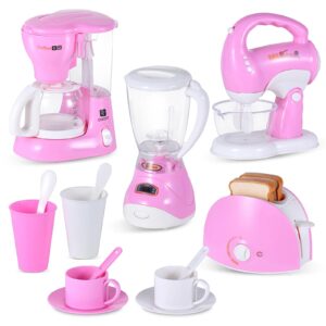 kitchen appliances toys, play kitchen accessories set for kids, pretend kitchen toys, coffee maker, blender, mixer, toaster with realistic light and sounds, toy kitchen set for kids ages 3+ (pink)