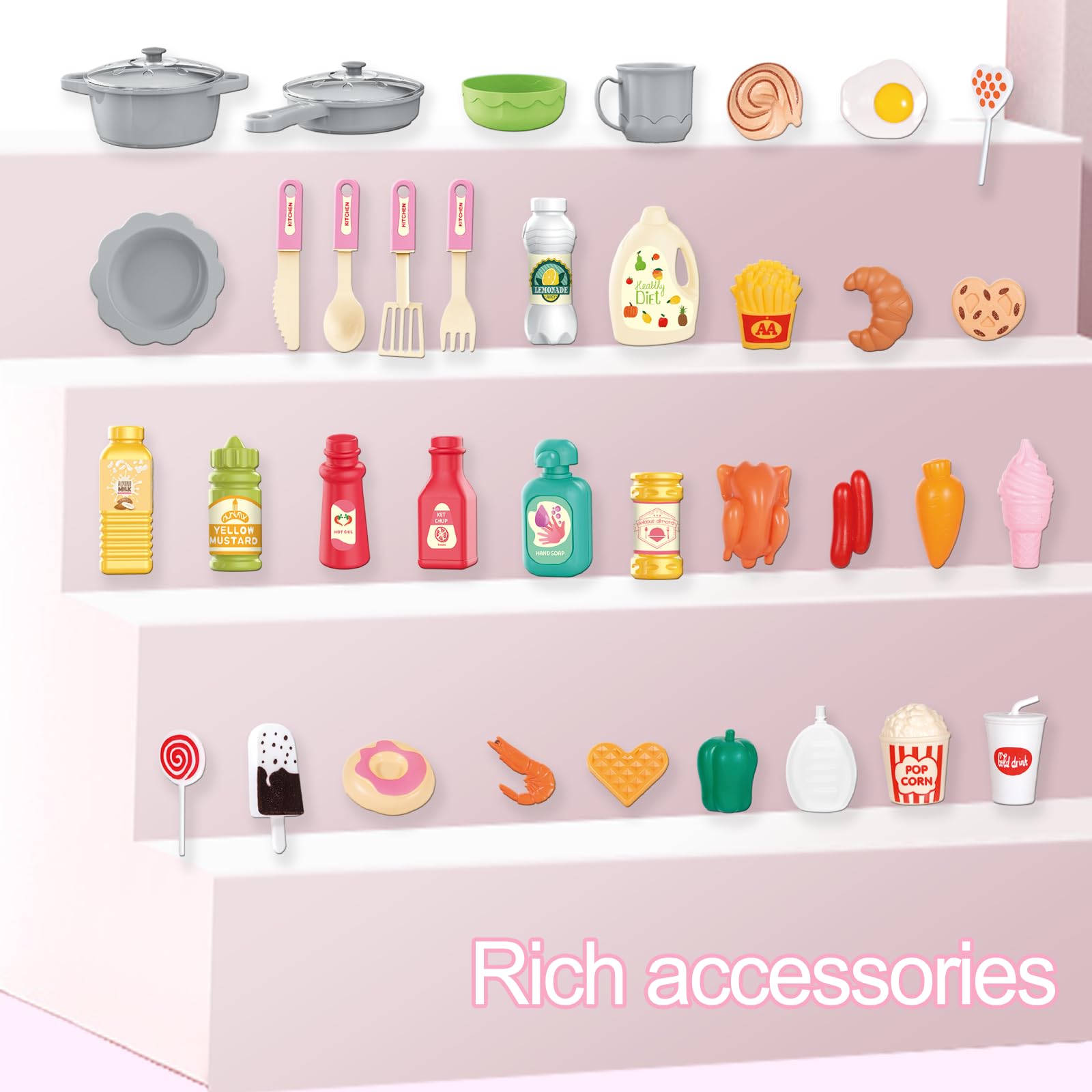 Play Kitchen Girls Toy Pretend Food - Kitchen Toys for Kids Ages 4-8, Kitchen Set for Toddlers 1-3, Play Kitchen Accessories w/Real Sounds Light, for Girls Boys Age 2 3 4 5 6 7