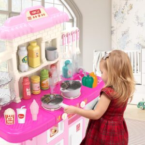 Play Kitchen Girls Toy Pretend Food - Kitchen Toys for Kids Ages 4-8, Kitchen Set for Toddlers 1-3, Play Kitchen Accessories w/Real Sounds Light, for Girls Boys Age 2 3 4 5 6 7