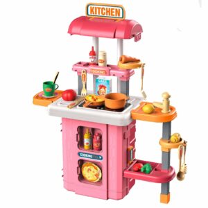 mugeymyd kids kitchen playset for toddlers 3-10 years old,pretend play kitchen food toy accessories for boys and girls with realistic lights & sounds, play sink, easy to assemble, pink.