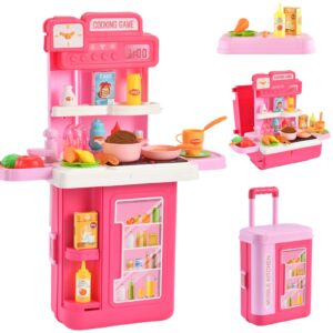 Playhiland Kids Kitchen Playset, 4 in 1Play Kitchen for Kids Ages 4-8, Converted into a Trolley Box, 41Pcs Play Kitchen Accessories, Toddler Kitchen Playset, The Best Gift for Boys and Girls