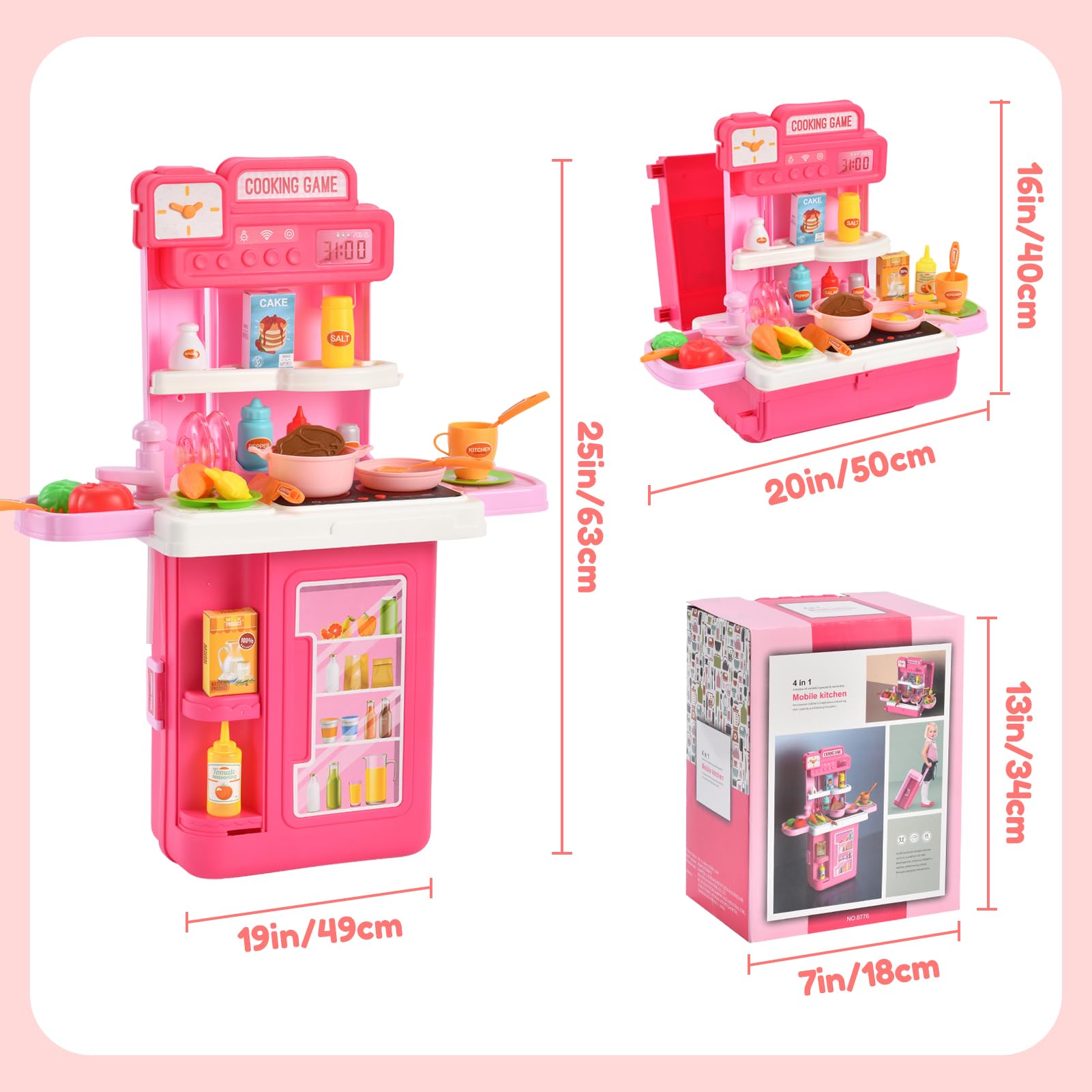 Playhiland Kids Kitchen Playset, 4 in 1Play Kitchen for Kids Ages 4-8, Converted into a Trolley Box, 41Pcs Play Kitchen Accessories, Toddler Kitchen Playset, The Best Gift for Boys and Girls