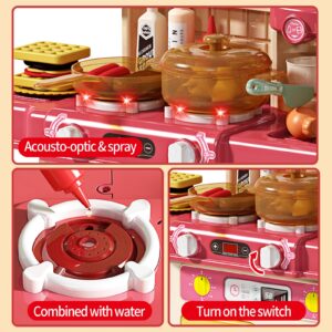 Deejoy 48Pcs Kitchen Playset for Boys & Girls, Kid Play Kitchen with Realistic Lights & Sounds, Spray Sink, Pretend Food Toys Kitchen for Toddlers (Red)