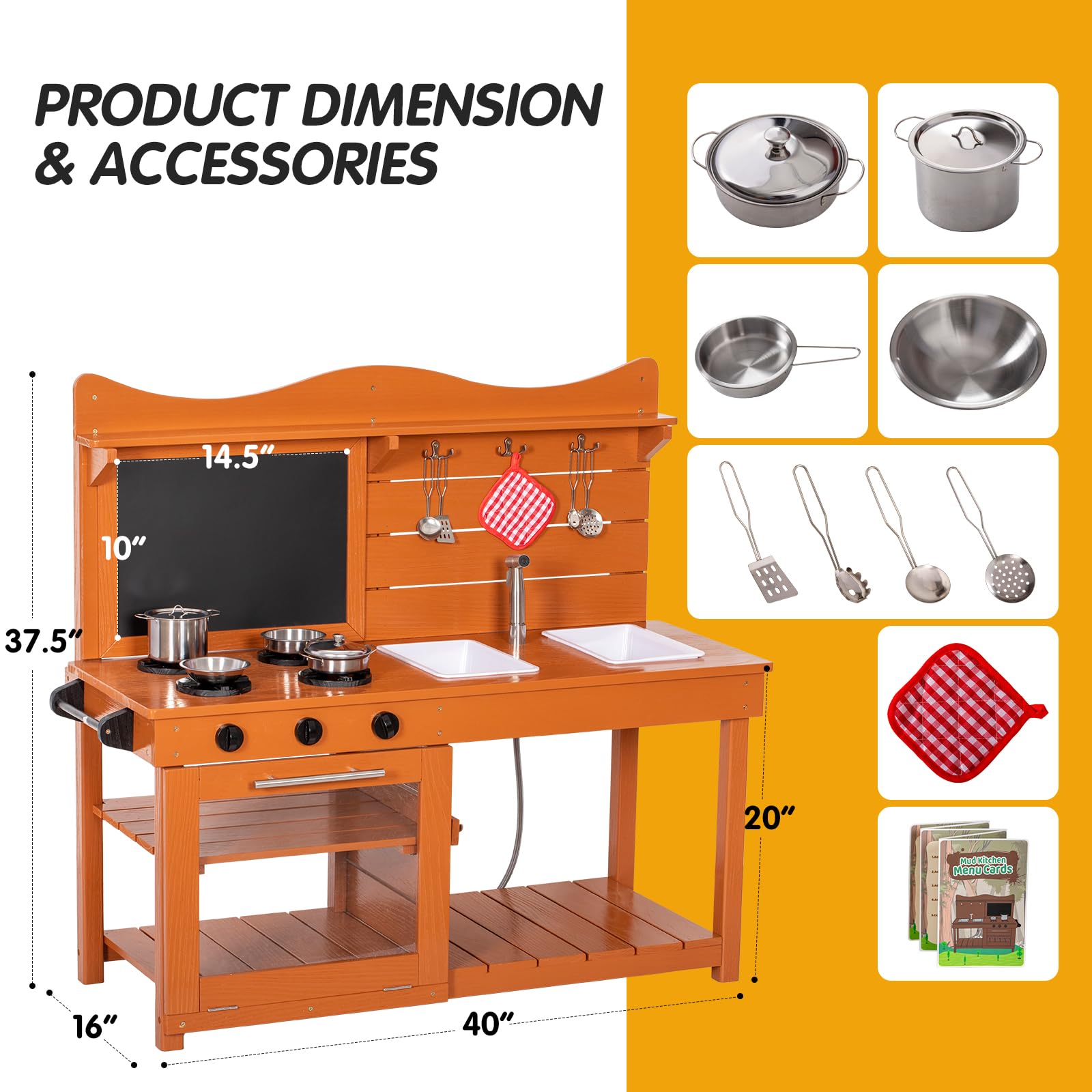 BRINJOY Kitchen Playset for Kids, Outdoor Wooden Mud Kitchen Set w/2 Removable Sinks & Spray Pipe, Backyard Garden Toddler Pretend Play Kitchen w/Blackboard, Kitchenware, Stove, Gift for Boys Girls