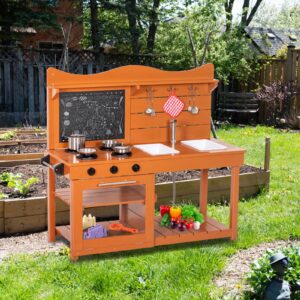 BRINJOY Kitchen Playset for Kids, Outdoor Wooden Mud Kitchen Set w/2 Removable Sinks & Spray Pipe, Backyard Garden Toddler Pretend Play Kitchen w/Blackboard, Kitchenware, Stove, Gift for Boys Girls