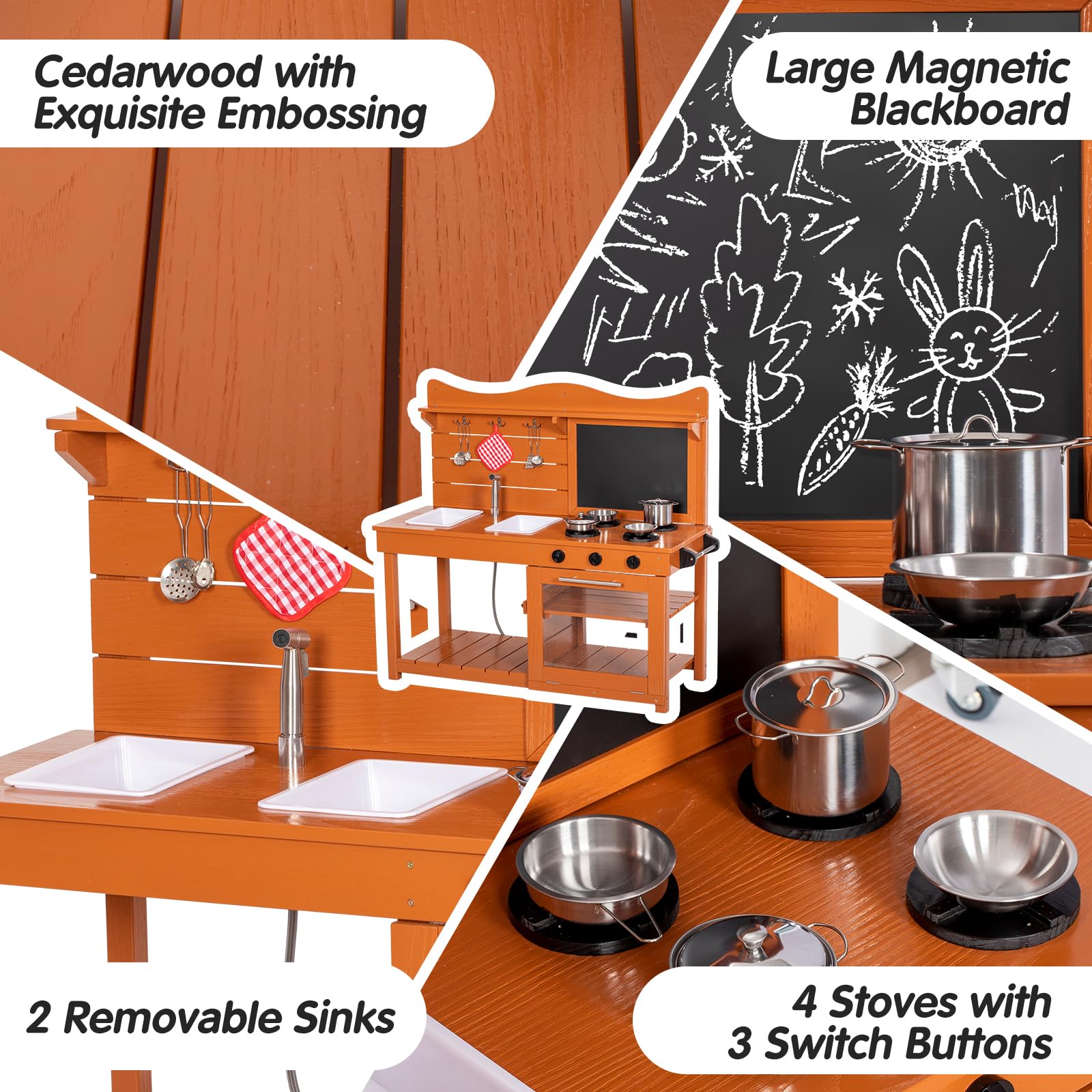 BRINJOY Kitchen Playset for Kids, Outdoor Wooden Mud Kitchen Set w/2 Removable Sinks & Spray Pipe, Backyard Garden Toddler Pretend Play Kitchen w/Blackboard, Kitchenware, Stove, Gift for Boys Girls