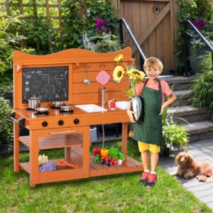 BRINJOY Kitchen Playset for Kids, Outdoor Wooden Mud Kitchen Set w/2 Removable Sinks & Spray Pipe, Backyard Garden Toddler Pretend Play Kitchen w/Blackboard, Kitchenware, Stove, Gift for Boys Girls