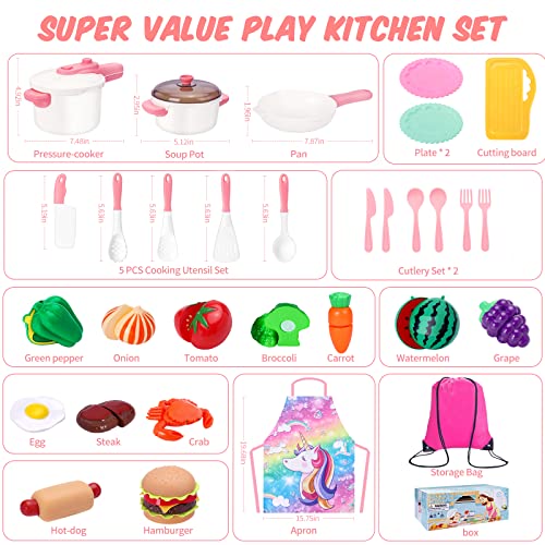 Kids Play Kitchen Accessories Set, Pretend Play Cooking Toys Set, Kitchen Toys Playset for Toddlers, Toy Pots and Pans for Kids Kitchen with Fake Play Food Cookware Utensils Dishes, Girls Boys Gift