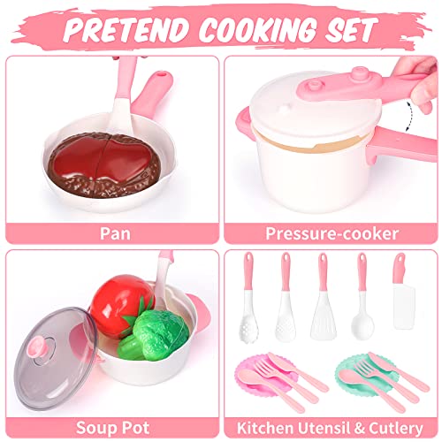 Kids Play Kitchen Accessories Set, Pretend Play Cooking Toys Set, Kitchen Toys Playset for Toddlers, Toy Pots and Pans for Kids Kitchen with Fake Play Food Cookware Utensils Dishes, Girls Boys Gift