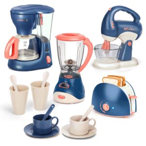 yalujumb pretend play kitchen appliances toy set with coffee maker machine,blender, mixer and toaster with realistic light and sounds for kids ages 4-8