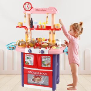 2 in 1 kids kitchen playset & bbq grill set, toddler play kitchen with realistic light sound steam & play sink