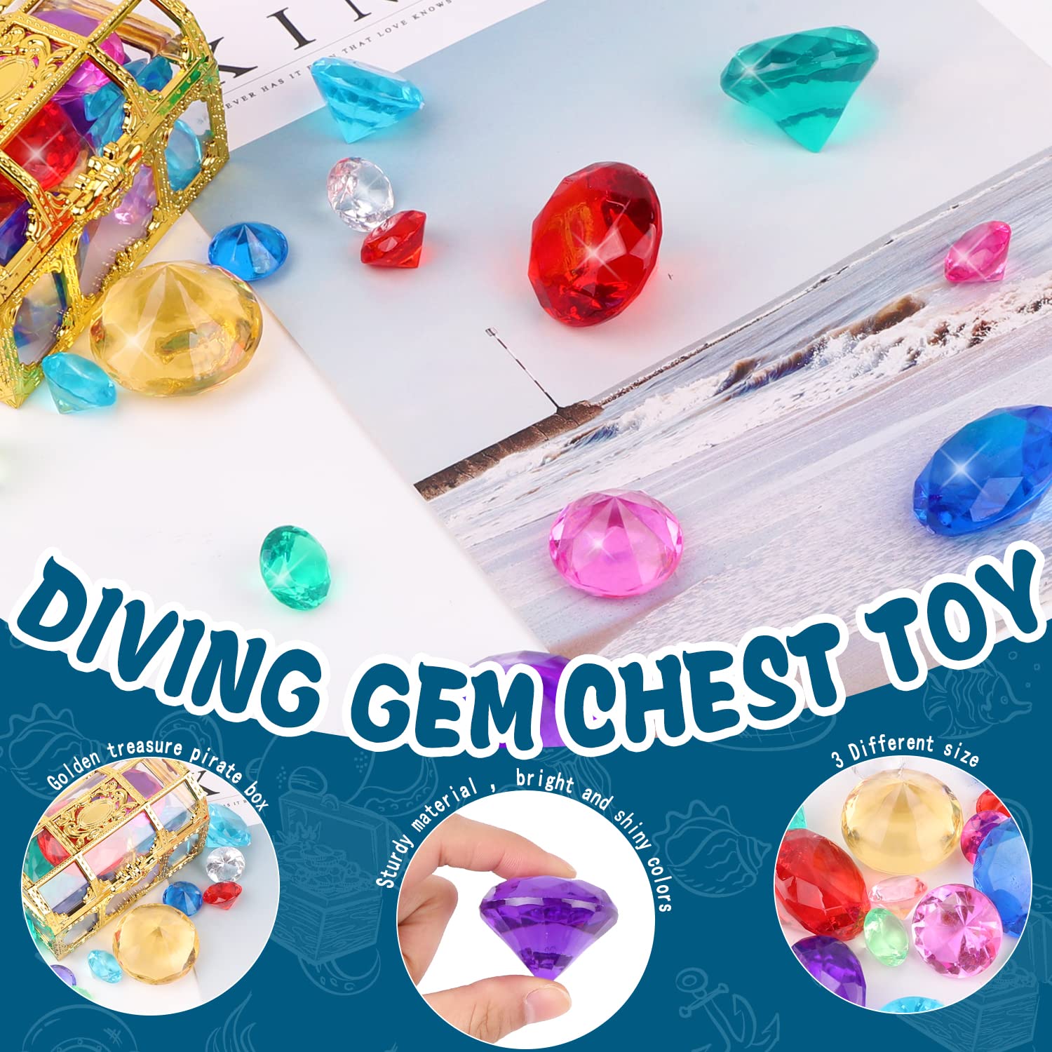 YUJUN Diving Gem Pool Toys 10 Colorful Big Diamond Gem with Treasure Pirate Chest Box Summer Underwater Acrylic Gemstones Set for Kids Swimming Pool Party Favors