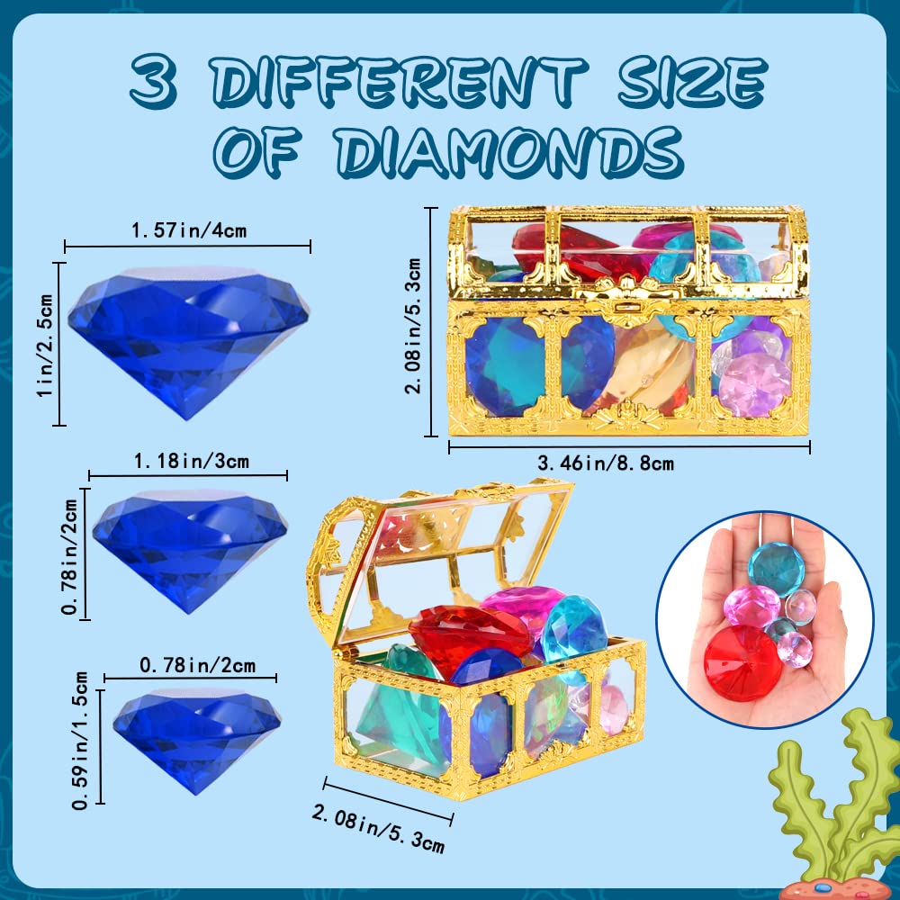 YUJUN Diving Gem Pool Toys 10 Colorful Big Diamond Gem with Treasure Pirate Chest Box Summer Underwater Acrylic Gemstones Set for Kids Swimming Pool Party Favors