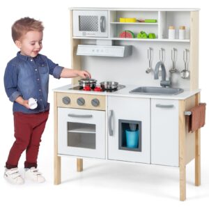 costzon kids kitchen playset, wooden pretend cooking toy set w/sound, microwave, oven, ice maker, range hood, stoves, sink & 18 accessories, play kitchen for toddlers, gift for boys girls ages 3+