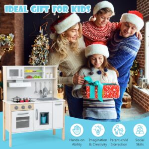 Costzon Kids Kitchen Playset, Wooden Pretend Cooking Toy Set w/Sound, Microwave, Oven, Ice Maker, Range Hood, Stoves, Sink & 18 Accessories, Play Kitchen for Toddlers, Gift for Boys Girls Ages 3+