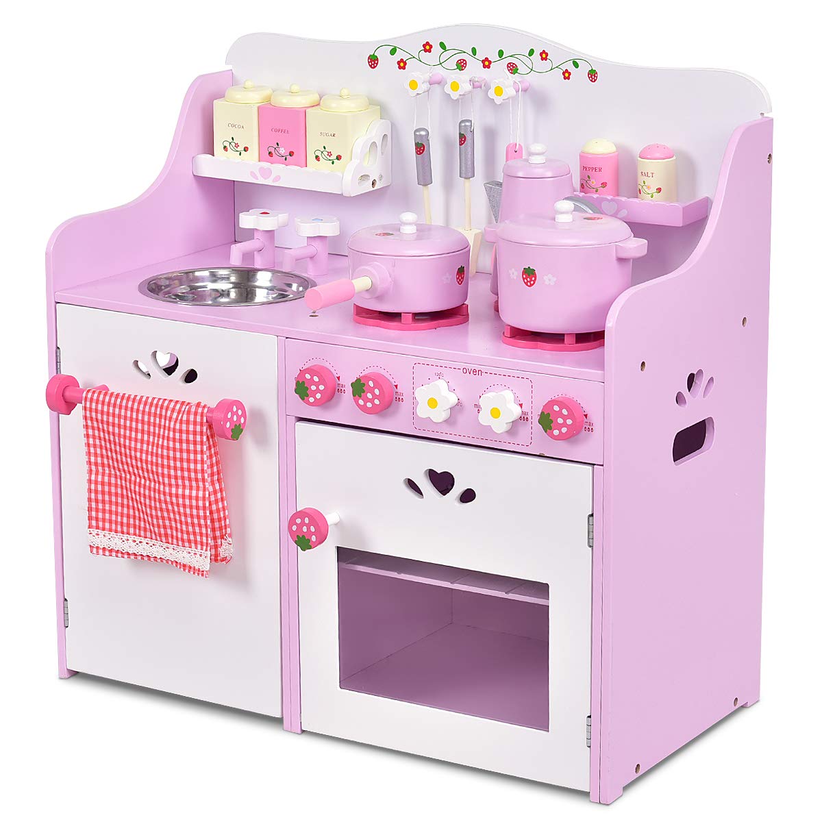 KOTEK Play Kitchen, Wooden Toddler Kitchen Playset with Sounds, 13 Pcs Accessories & Storage Cabinets, Pink Chef Pretend Play Toy with Sink & Stove, Kitchen Set for Kids, Gift for Girls Boys