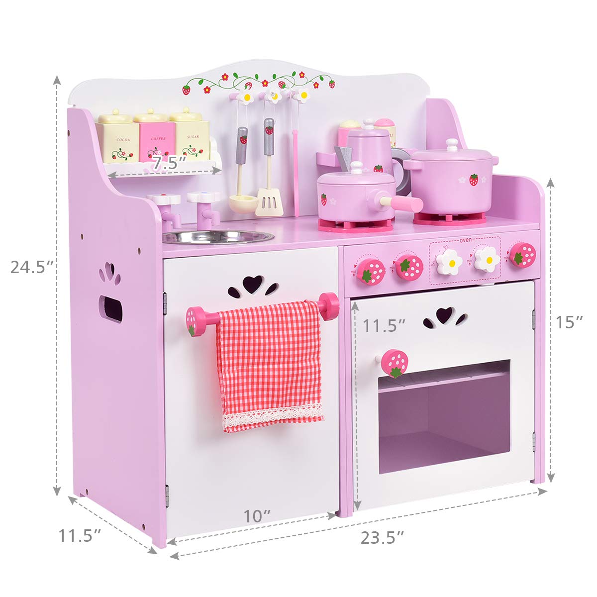 KOTEK Play Kitchen, Wooden Toddler Kitchen Playset with Sounds, 13 Pcs Accessories & Storage Cabinets, Pink Chef Pretend Play Toy with Sink & Stove, Kitchen Set for Kids, Gift for Girls Boys