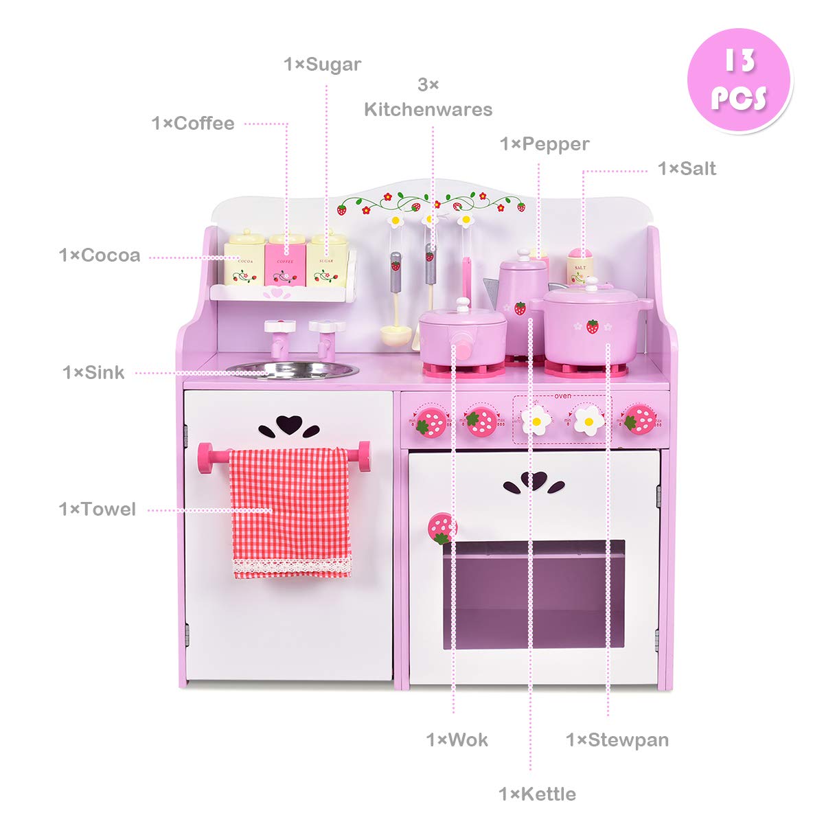 KOTEK Play Kitchen, Wooden Toddler Kitchen Playset with Sounds, 13 Pcs Accessories & Storage Cabinets, Pink Chef Pretend Play Toy with Sink & Stove, Kitchen Set for Kids, Gift for Girls Boys