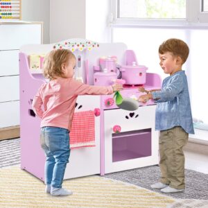 KOTEK Play Kitchen, Wooden Toddler Kitchen Playset with Sounds, 13 Pcs Accessories & Storage Cabinets, Pink Chef Pretend Play Toy with Sink & Stove, Kitchen Set for Kids, Gift for Girls Boys