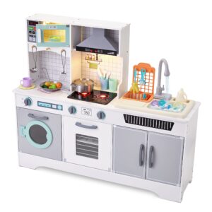 lil' jumbl jumbl kids wooden kitchen set, pretend working sink with real running water, includes range hood, microwave & stove top that make realistic sound & light, full accessory set included