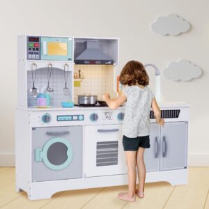 Lil' Jumbl Jumbl Kids Wooden Kitchen Set, Pretend Working Sink with Real Running Water, includes Range Hood, Microwave & Stove Top That Make Realistic Sound & Light, Full Accessory Set Included