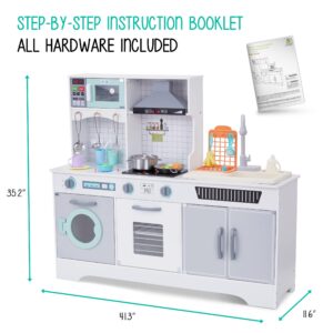 Lil' Jumbl Jumbl Kids Wooden Kitchen Set, Pretend Working Sink with Real Running Water, includes Range Hood, Microwave & Stove Top That Make Realistic Sound & Light, Full Accessory Set Included