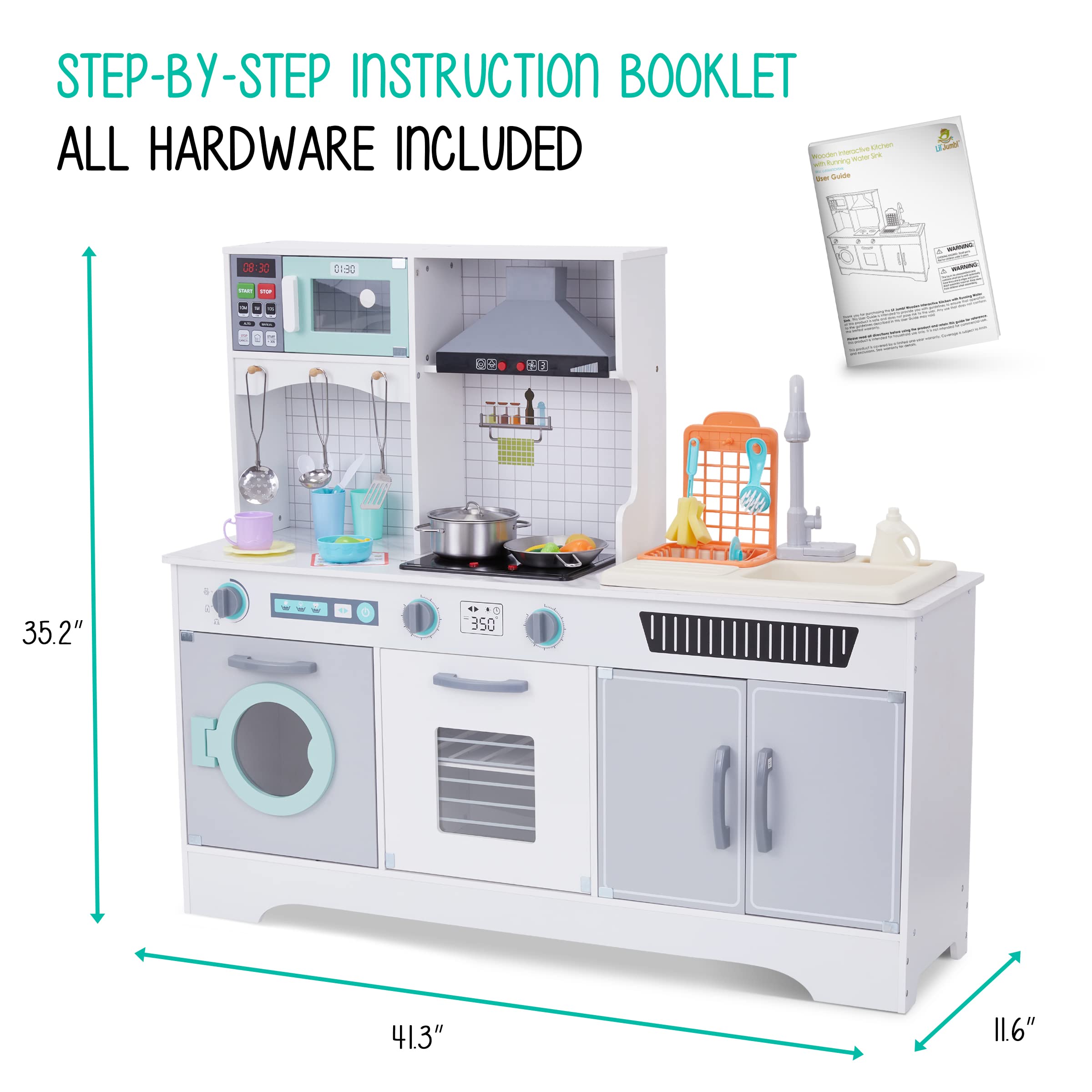 Lil' Jumbl Jumbl Kids Wooden Kitchen Set, Pretend Working Sink with Real Running Water, includes Range Hood, Microwave & Stove Top That Make Realistic Sound & Light, Full Accessory Set Included