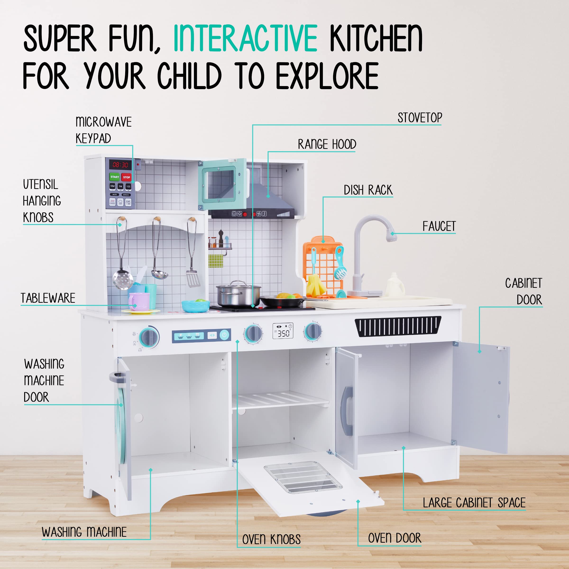 Lil' Jumbl Jumbl Kids Wooden Kitchen Set, Pretend Working Sink with Real Running Water, includes Range Hood, Microwave & Stove Top That Make Realistic Sound & Light, Full Accessory Set Included