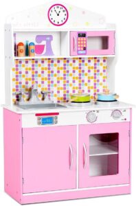 fireflowery kids kitchen playset, wooden cookware set with removable sink, pegs on the wall, microwave,top display shelf, play kitchen for toddlers 3+ (pink)