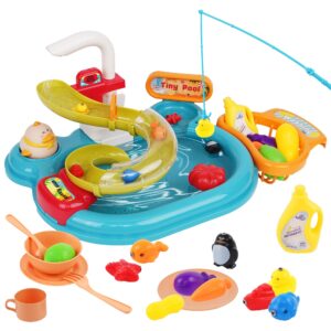 kids kitchen sink toy set with running water,3-in-1 toddler kitchen toys with upgraded electric faucet,fishing set,tracks,pretend play kitchen cleaning set dishwasher role play toy