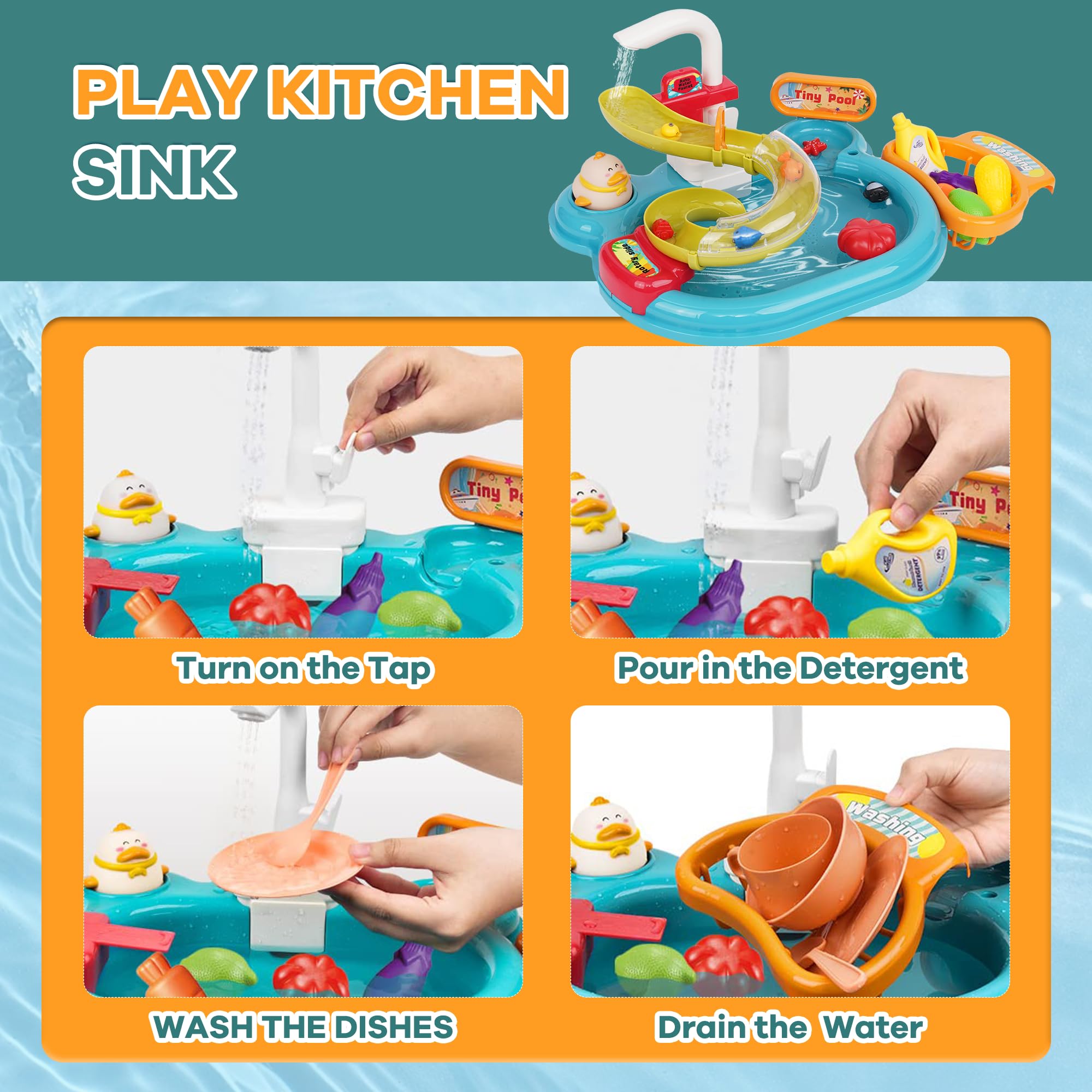 Kids Kitchen Sink Toy Set with Running Water,3-in-1 Toddler Kitchen Toys with Upgraded Electric Faucet,Fishing Set,Tracks,Pretend Play Kitchen Cleaning Set Dishwasher Role Play Toy