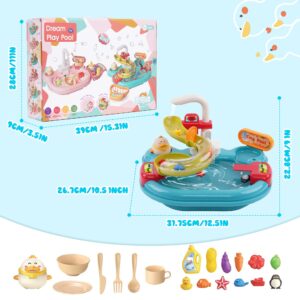 Kids Kitchen Sink Toy Set with Running Water,3-in-1 Toddler Kitchen Toys with Upgraded Electric Faucet,Fishing Set,Tracks,Pretend Play Kitchen Cleaning Set Dishwasher Role Play Toy