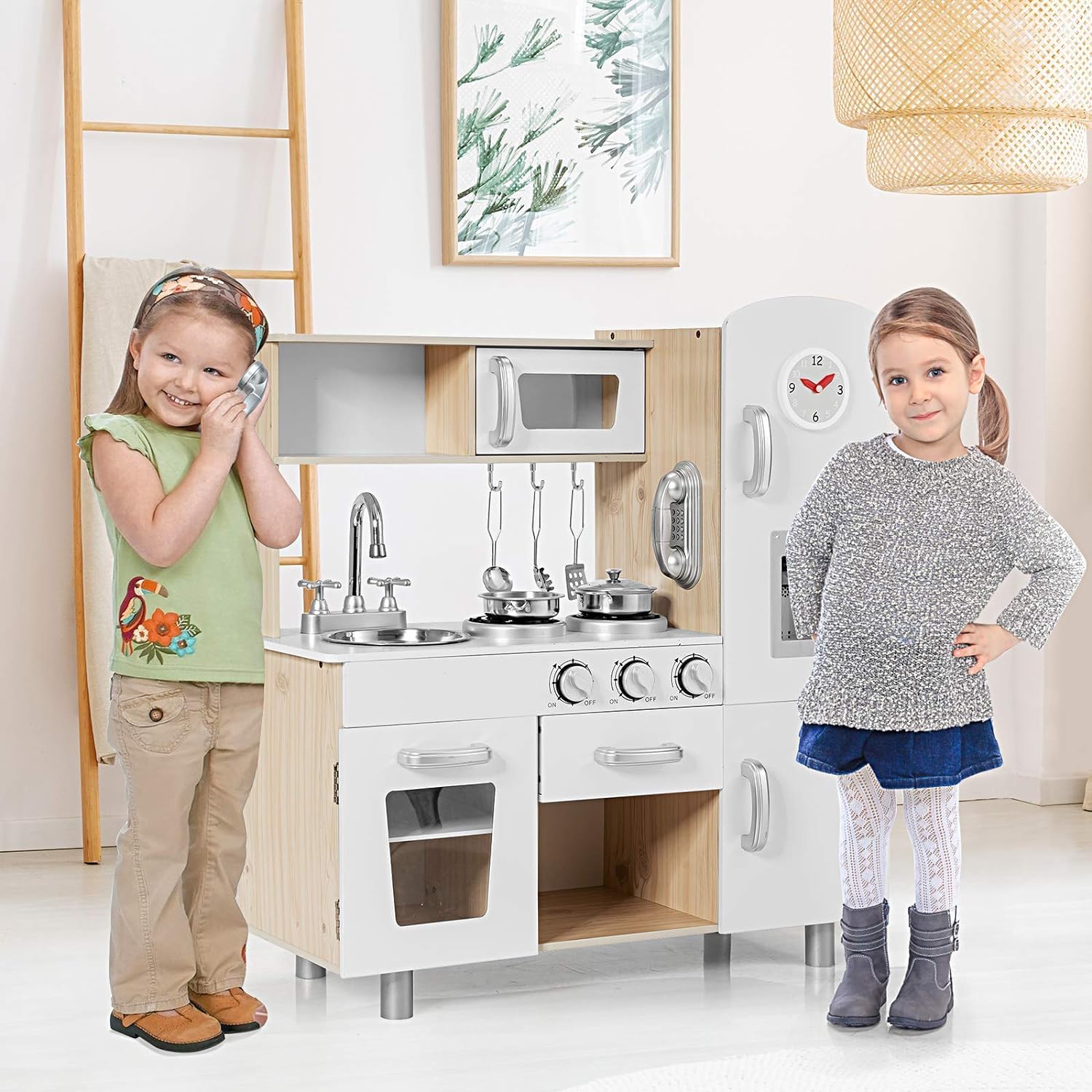 FUTADA Kids Kitchen Playset, Wooden Play Kitchen with Telephone, Stove, Fridge, Microwave, Stove, Sink, Water Dispenser with Light Sound, Cabinet, Cooking Pretend Toy Gift for Boys and Girls Ages 3+