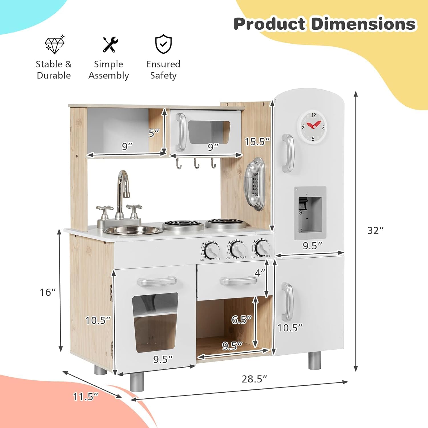 FUTADA Kids Kitchen Playset, Wooden Play Kitchen with Telephone, Stove, Fridge, Microwave, Stove, Sink, Water Dispenser with Light Sound, Cabinet, Cooking Pretend Toy Gift for Boys and Girls Ages 3+