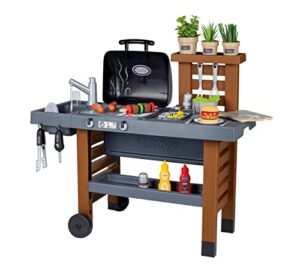 smoby garden kitchen - outdoor 43 accessory play set, kids ages 3+, grill w/retractable magic flames, fryer & sink w/water pump function, pretend play