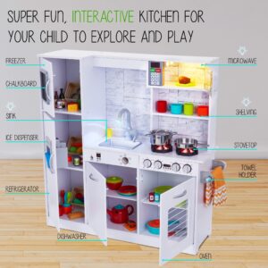 Lil' Jumbl Kids Kitchen Set, Pretend Wooden Play Kitchen, Battery Operated Icemaker, Burners, Faucet & Microwave Makes Realistic Sound & Light, Pots & Pan Included - White