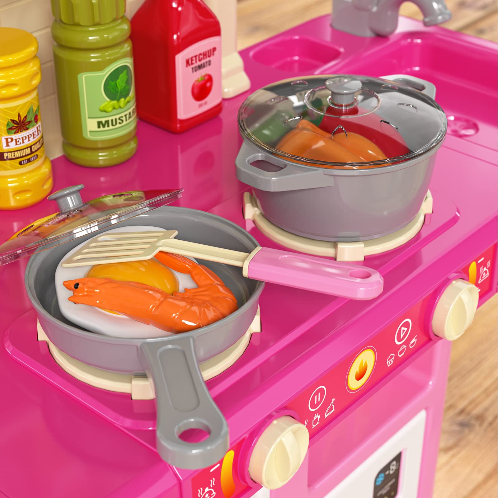 TEMI Pretend Food Kitchen Toys for Kids Ages 4-8, Kitchen Set for Toddlers 1-3, Play Kitchen Accessories w/Real Sounds Light, for Boys, Girls