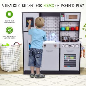 Lil' Jumbl Kids Kitchen Set, Pretend Wooden Play Kitchen, Battery Operated Icemaker, Burners, Faucet & Microwave Makes Realistic Sound & Light, Pots & Pan Included - Charcoal