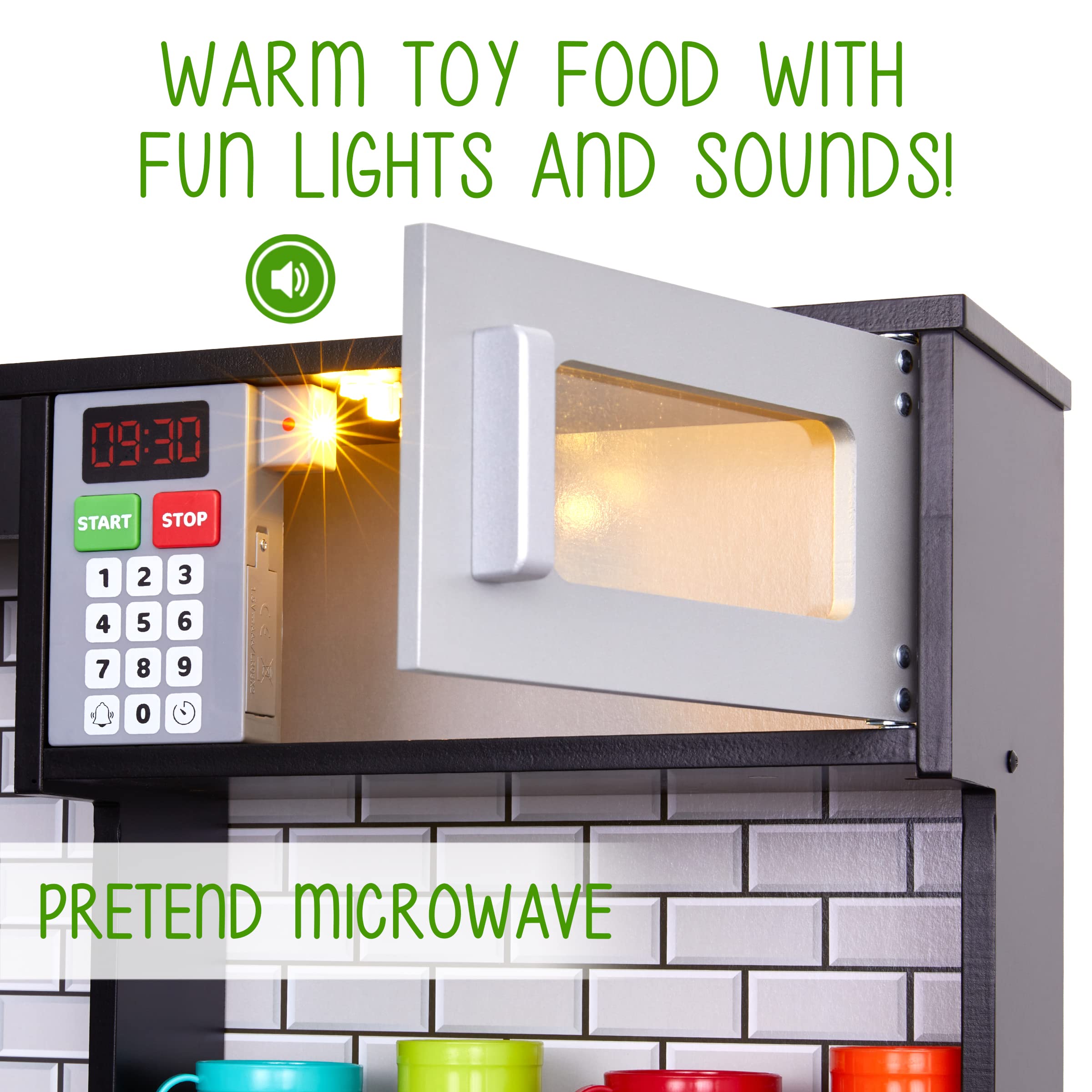 Lil' Jumbl Kids Kitchen Set, Pretend Wooden Play Kitchen, Battery Operated Icemaker, Burners, Faucet & Microwave Makes Realistic Sound & Light, Pots & Pan Included - Charcoal